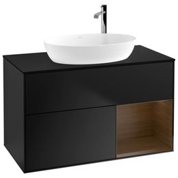 Villeroy & Boch Villeroy und Boch Finion Waschtischunterschrank F902GNPD 100cm, Abdeckplatte black matt, Regale Walnut Veneer, Black matt lacquer