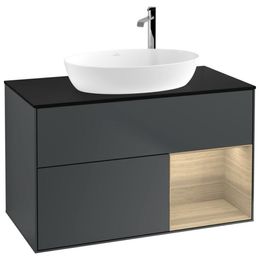 Villeroy & Boch Villeroy und Boch Finion Waschtischunterschrank F902PCHG 100cm, Abdeckplatte black matt, Regale Oak Veneer, Midnight Blue Matt Lacquer