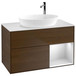 Villeroy & Boch Villeroy und Boch Finion Waschtischunterschrank F901MTGN 100cm, Abdeckplatte white matt, Regale White matt lacquer, Walnut veneer