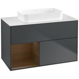 Villeroy & Boch Villeroy und Boch Finion Waschtischunterschrank F651GNHG 100x60,3x50,1cm, Regal links Walnut veneer, Midnight Blue Matt Lacquer
