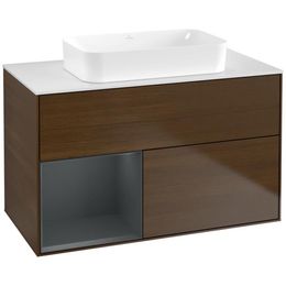 Villeroy & Boch Villeroy und Boch Finion Waschtischunterschrank F651HGGN 100x60,3x50,1cm, Regal links Midnight Blue Matt Lacquer, Walnut veneer
