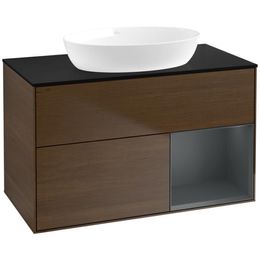 Villeroy & Boch Villeroy und Boch Finion Waschtischunterschrank FA22HGGN 100cm, Abdeckplatte black matt, Regale Midnight matt lacquer, Walnut veneer