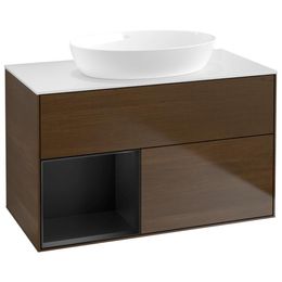 Villeroy & Boch Villeroy und Boch Finion Waschtischunterschrank GA11PDGN 100cm, Abdeckplatte white matt, Emotion, Regale Black matt lacquer, Walnut veneer