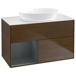 Villeroy & Boch Villeroy und Boch Finion Waschtischunterschrank GA11HGGN 100cm, Abdeckplatte white matt, Emotion, Regale Midnight matt lacquer, Walnut veneer