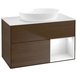 Villeroy & Boch Villeroy und Boch Finion Waschtischunterschrank FA21GFGN 100cm, Abdeckplatte white matt, Regale Glossy white lacquer, Walnut veneer