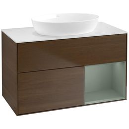 Villeroy & Boch Villeroy und Boch Finion Waschtischunterschrank FA21GMGN 100cm, Abdeckplatte white matt, Regale Olive matt lacquer, Walnut veneer