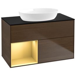 Villeroy & Boch Villeroy und Boch Finion Waschtischunterschrank GA12HFGN 100cm, Abdeckplatte black matt, Emotion, Regale Gold matt lacquer, Walnut veneer