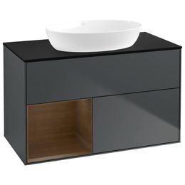 Villeroy & Boch Villeroy und Boch Finion Waschtischunterschrank GA12GNHG 100cm, Abdeckplatte black matt, Emotion, Regale Walnut Veneer, Midnight Blue Matt Lacquer