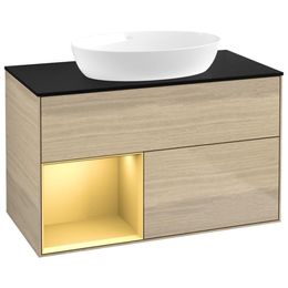 Villeroy & Boch Villeroy und Boch Finion Waschtischunterschrank GA12HFPC 100cm, Abdeckplatte black matt, Emotion, Regale Gold matt lacquer, Oak Veneer
