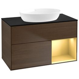 Villeroy & Boch Villeroy und Boch Finion Waschtischunterschrank GA22HFGN 100cm, Abdeckplatte black matt, Emotion, Regale Gold matt lacquer, Walnut veneer