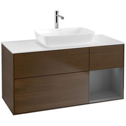 Villeroy & Boch Villeroy und Boch Finion Waschtischunterschrank F831GKGN 120cm, Abdeckplatte white matt, Regale Anthracite matt lacquer, Walnut veneer