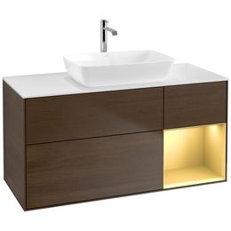 Villeroy & Boch Villeroy und Boch Finion Waschtischunterschrank F831HFGN 120cm, Abdeckplatte white matt, Regale Gold matt lacquer, Walnut veneer