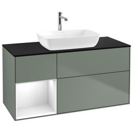 Villeroy & Boch Villeroy und Boch Finion Waschtischunterschrank G822GFGM 120cm, Abdeckplatte black matt, Emotion, Regale Glossy white lacquer, Olive Matt Lacquer