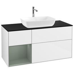Villeroy & Boch Villeroy und Boch Finion Waschtischunterschrank G822GMGF 120cm, Abdeckplatte black matt, Emotion, Regale Olive matt lacquer, Glossy white lacquer