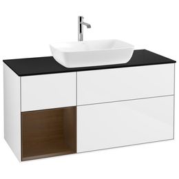 Villeroy & Boch Villeroy und Boch Finion Waschtischunterschrank G822GNGF 120cm, Abdeckplatte black matt, Emotion, Regale Walnut Veneer, Glossy white lacquer