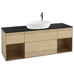 Villeroy & Boch Villeroy und Boch Finion Waschtischunterschrank F982GNPC 160cm, Abdeckplatte black matt, Regale Walnut Veneer, Oak Veneer