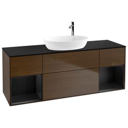 Villeroy & Boch Villeroy und Boch Finion Waschtischunterschrank F982PDGN 160cm, Abdeckplatte black matt, Regale Black matt lacquer, Walnut veneer
