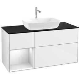Villeroy & Boch Villeroy und Boch Finion Waschtischunterschrank G822MTGF 120cm, Abdeckplatte black matt, Emotion, Regale White matt lacquer, Glossy white lacquer