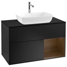 Villeroy & Boch Villeroy und Boch Finion Waschtischunterschrank G782GNPD 100cm, Abdeckplatte black matt, Emotion, Regale Walnut Veneer, Black matt lacquer
