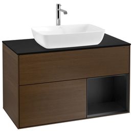Villeroy & Boch Villeroy und Boch Finion Waschtischunterschrank G782PDGN 100cm, Abdeckplatte black matt, Emotion, Regale Black matt lacquer, Walnut veneer