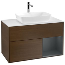Villeroy & Boch Villeroy und Boch Finion Waschtischunterschrank G781HGGN 100cm, Abdeckplatte white matt, Emotion, Regale Midnight matt lacquer, Walnut veneer