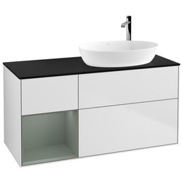 Villeroy & Boch Villeroy und Boch Finion Waschtischunterschrank F922GMMT 120cm, Abdeckplatte black matt, Regale Olive matt lacquer, White matt lacquer