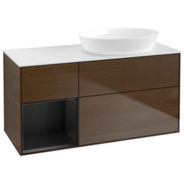 Villeroy & Boch Villeroy und Boch Finion Waschtischunterschrank GA41PDGN 120cm, Abdeckplatte white matt, Emotion, Regale Black matt lacquer, Walnut veneer