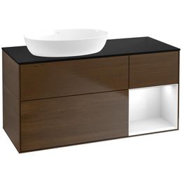 Villeroy & Boch Villeroy und Boch Finion Waschtischunterschrank FA52GFGN 120cm, Abdeckplatte black matt, Regale Glossy white lacquer, Walnut veneer