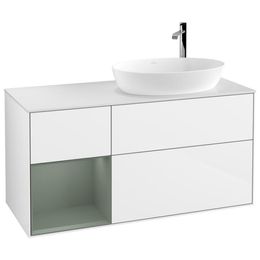 Villeroy & Boch Villeroy und Boch Finion Waschtischunterschrank F921GMGF 120cm, Abdeckplatte white matt, Regale Olive matt lacquer, Glossy white lacquer