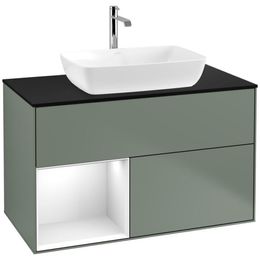 Villeroy & Boch Villeroy und Boch Finion Waschtischunterschrank F772GFGM 100cm, Abdeckplatte black matt, Regale Glossy white lacquer, Olive Matt Lacquer
