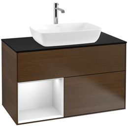Villeroy & Boch Villeroy und Boch Finion Waschtischunterschrank F772MTGN 100cm, Abdeckplatte black matt, Regale White matt lacquer, Walnut veneer