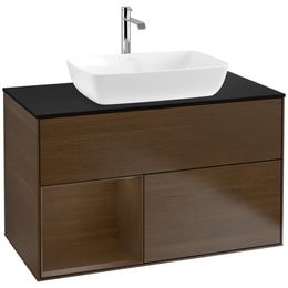 Villeroy & Boch Villeroy und Boch Finion Waschtischunterschrank F772GNGN 100cm, Abdeckplatte black matt, Regale Walnut Veneer, Walnut veneer