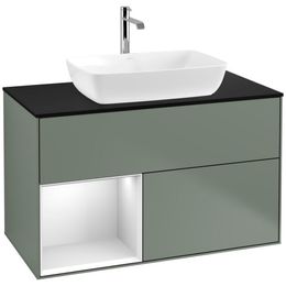 Villeroy & Boch Villeroy und Boch Finion Waschtischunterschrank F772MTGM 100cm, Abdeckplatte black matt, Regale White matt lacquer, Olive Matt Lacquer