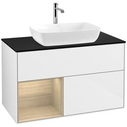 Villeroy & Boch Villeroy und Boch Finion Waschtischunterschrank F772PCGF 100cm, Abdeckplatte black matt, Regale Oak Veneer, Glossy white lacquer