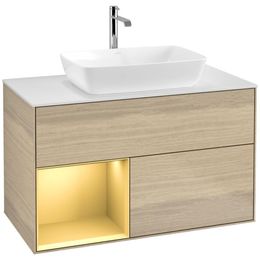 Villeroy & Boch Villeroy und Boch Finion Waschtischunterschrank F771HFPC 100cm, Abdeckplatte white matt, Regale Gold matt lacquer, Oak Veneer
