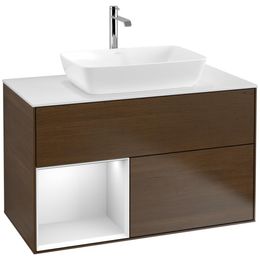 Villeroy & Boch Villeroy und Boch Finion Waschtischunterschrank F771MTGN 100cm, Abdeckplatte white matt, Regale White matt lacquer, Walnut veneer