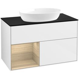 Villeroy & Boch Villeroy und Boch Finion Waschtischunterschrank FA12PCGF 100cm, Abdeckplatte black matt, Regale Oak Veneer, Glossy white lacquer