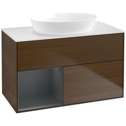 Villeroy & Boch Villeroy und Boch Finion Waschtischunterschrank FA11HGGN 100cm, Abdeckplatte white matt, Regale Midnight matt lacquer, Walnut veneer