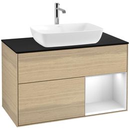 Villeroy & Boch Villeroy und Boch Finion Waschtischunterschrank F782MTPC 100cm, Abdeckplatte black matt, Regale White matt lacquer, Oak Veneer