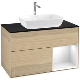 Villeroy & Boch Villeroy und Boch Finion Waschtischunterschrank F782GFPC 100cm, Abdeckplatte black matt, Regale Glossy white lacquer, Oak Veneer