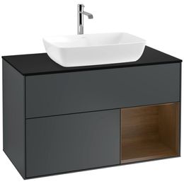 Villeroy & Boch Villeroy und Boch Finion Waschtischunterschrank F782GNHG 100cm, Abdeckplatte black matt, Regale Walnut Veneer, Midnight Blue Matt Lacquer