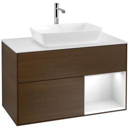 Villeroy & Boch Villeroy und Boch Finion Waschtischunterschrank F781GFGN 100cm, Abdeckplatte white matt, Regale Glossy white lacquer, Walnut veneer