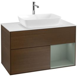 Villeroy & Boch Villeroy und Boch Finion Waschtischunterschrank F781GMGN 100cm, Abdeckplatte white matt, Regale Olive matt lacquer, Walnut veneer