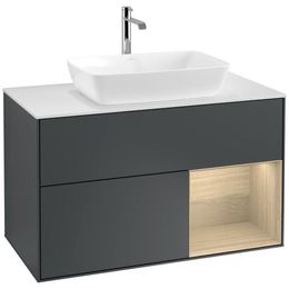 Villeroy & Boch Villeroy und Boch Finion Waschtischunterschrank F781PCHG 100cm, Abdeckplatte white matt, Regale Oak Veneer, Midnight Blue Matt Lacquer