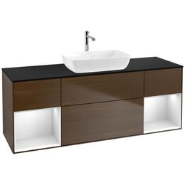 Villeroy & Boch Villeroy und Boch Finion Waschtischunterschrank F862MTGN 160cm, Abdeckplatte black matt, Regale White matt lacquer, Walnut veneer