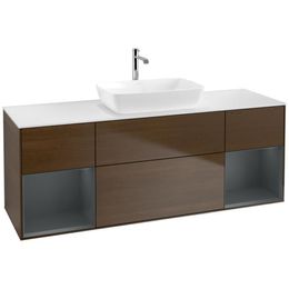 Villeroy & Boch Villeroy und Boch Finion Waschtischunterschrank F861HGGN 160cm, Abdeckplatte white matt, Regale Midnight matt lacquer, Walnut veneer