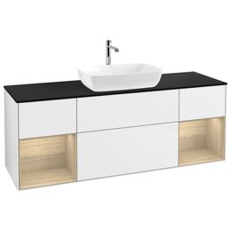 Villeroy & Boch Villeroy und Boch Finion Waschtischunterschrank G862PCGF 160cm, Abdeckplatte black matt, Emotion, Regale Oak Veneer, Glossy white lacquer