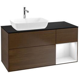 Villeroy & Boch Villeroy und Boch Finion Waschtischunterschrank F812GFGN 120cm, Abdeckplatte black matt, Regale Glossy white lacquer, Walnut veneer