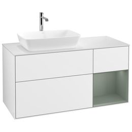 Villeroy & Boch Villeroy und Boch Finion Waschtischunterschrank G811GMGF 120cm, Abdeckplatte white matt, Emotion, Regale Olive matt lacquer, Glossy white lacquer