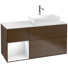 Villeroy & Boch Villeroy und Boch Finion Waschtischunterschrank F801GFGN 120cm, Abdeckplatte white matt, Regale Glossy white lacquer, Walnut veneer